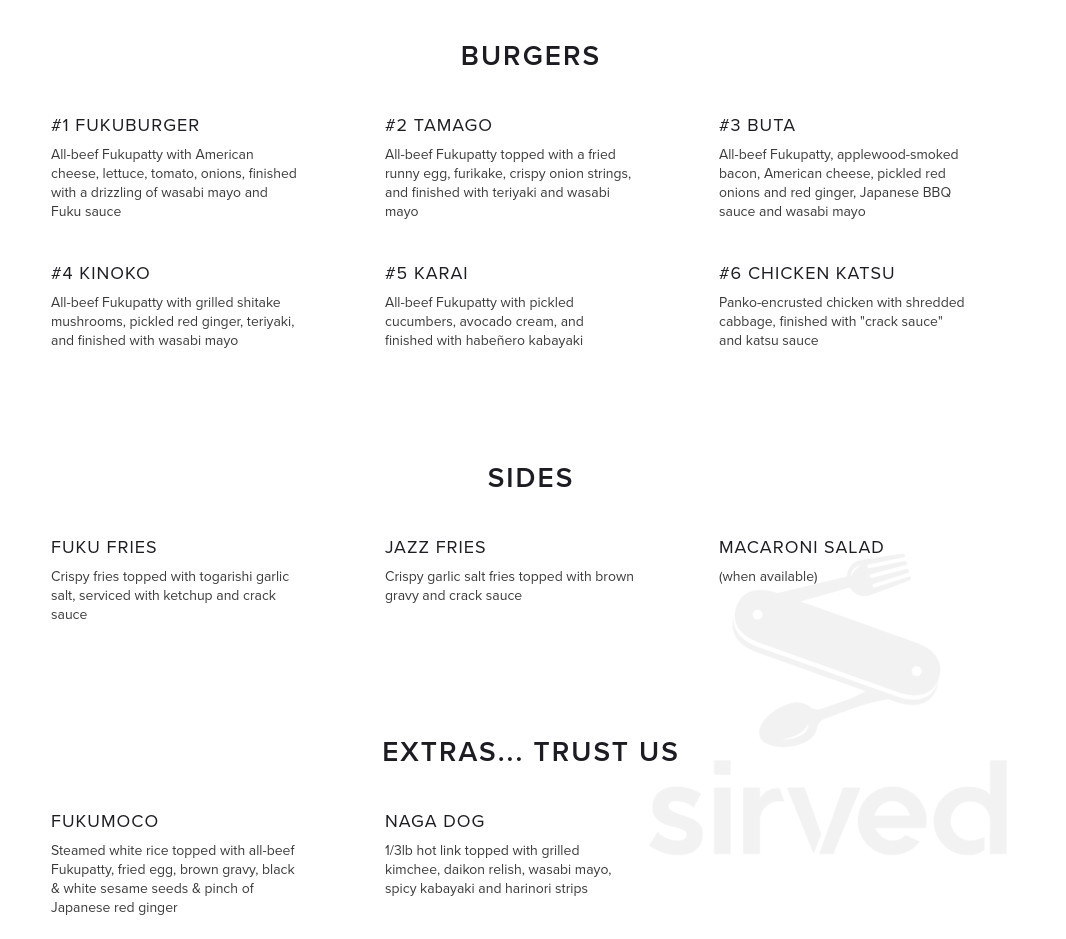 Fuku Burger Chinatown menu in Las Vegas, Nevada, USA