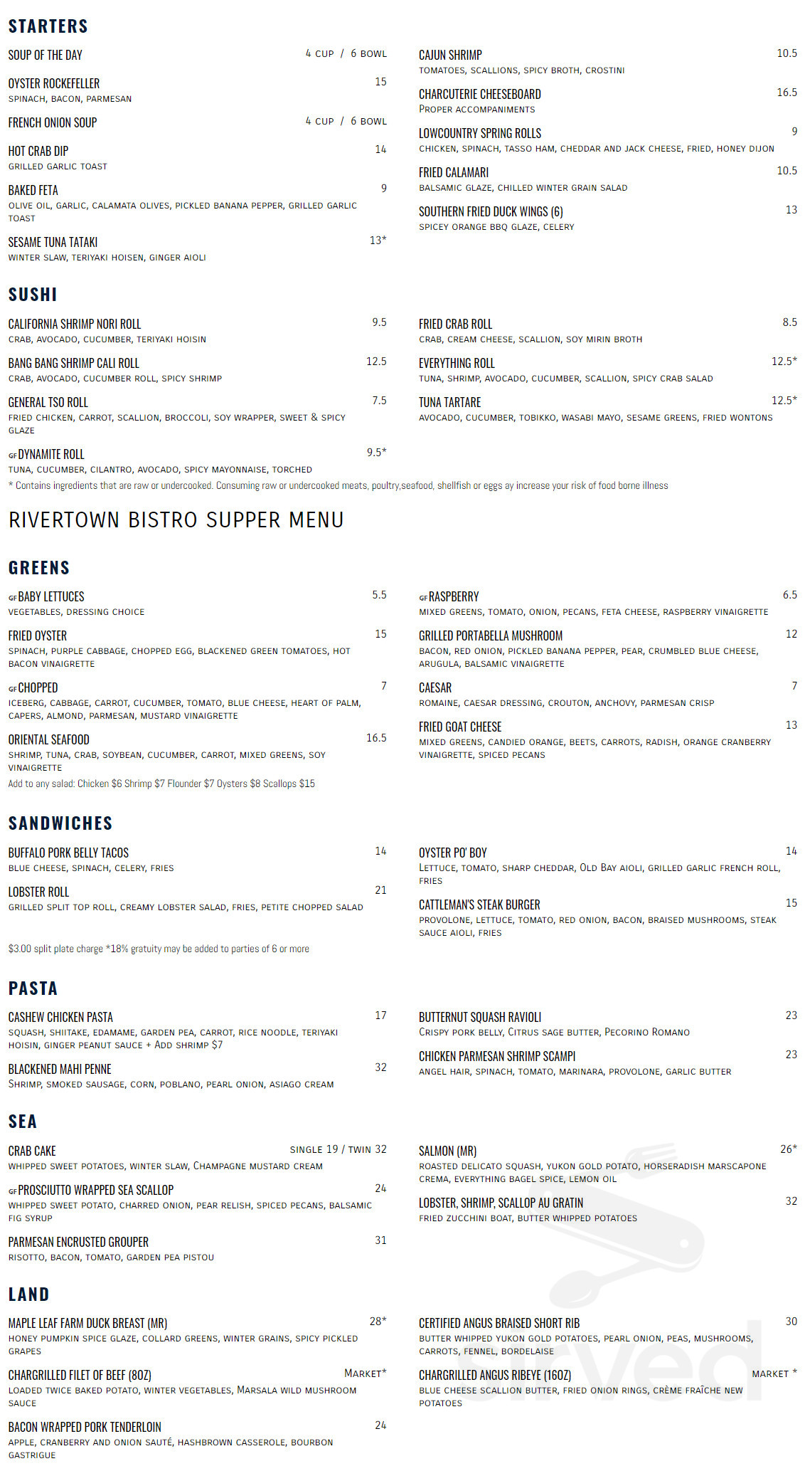 Rivertown Bistro menu in Conway, South Carolina, USA