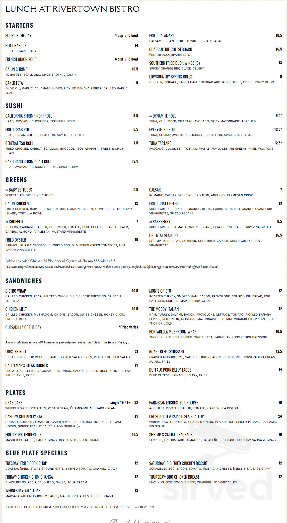 Rivertown Bistro menu in Conway, South Carolina, USA