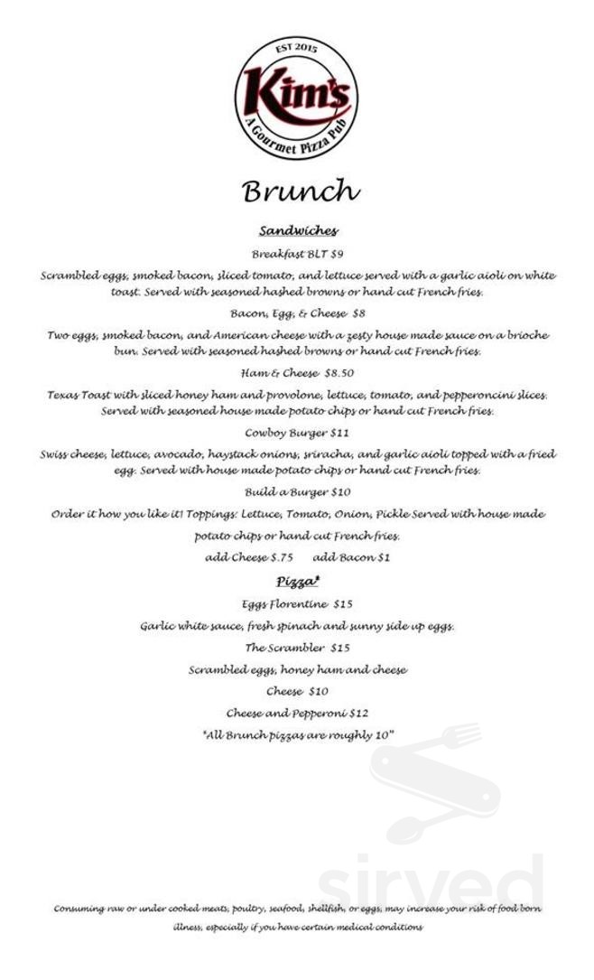 Menu for Kim's Gourmet Pub in Oconomowoc, WI | Sirved