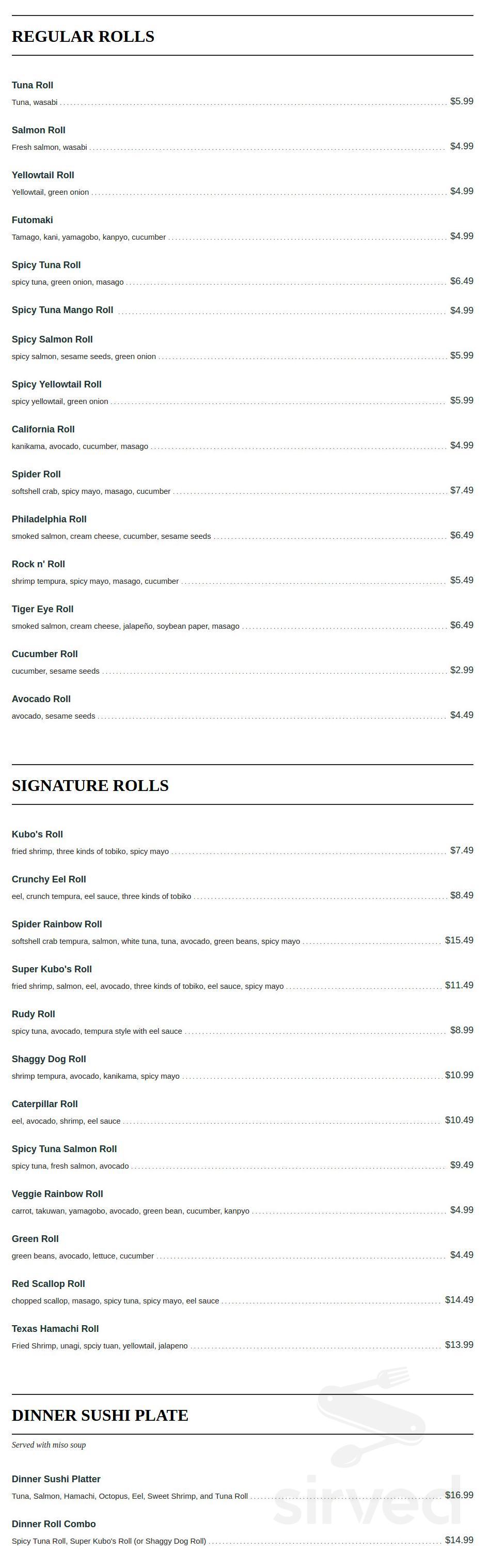 Cafe Kubo's Sushi menu in Houston, Texas, USA