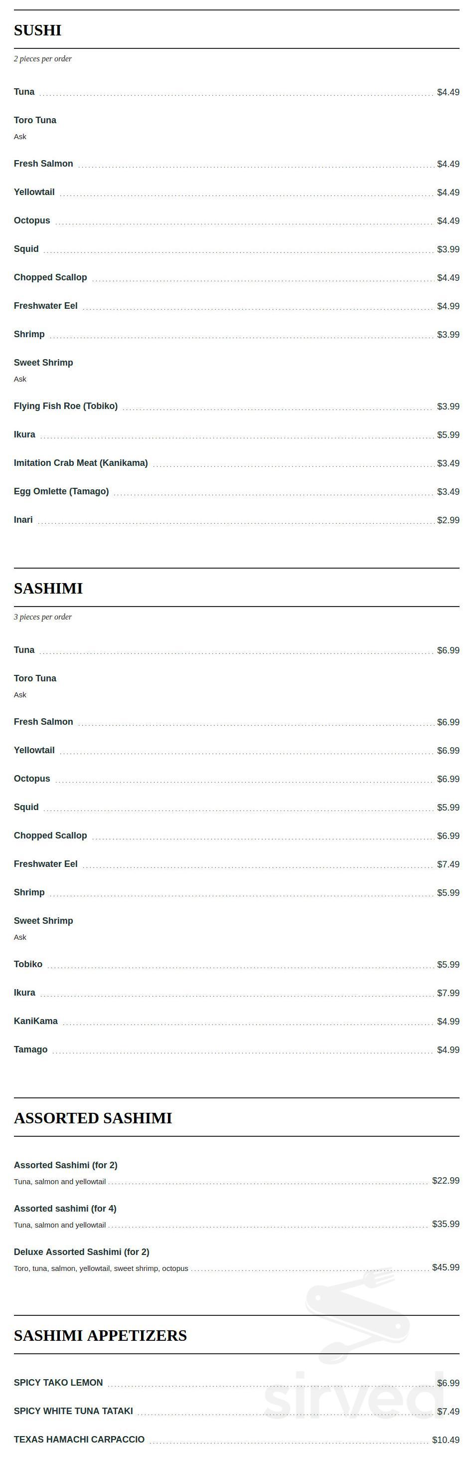 Cafe Kubo's Sushi menu in Houston, Texas, USA