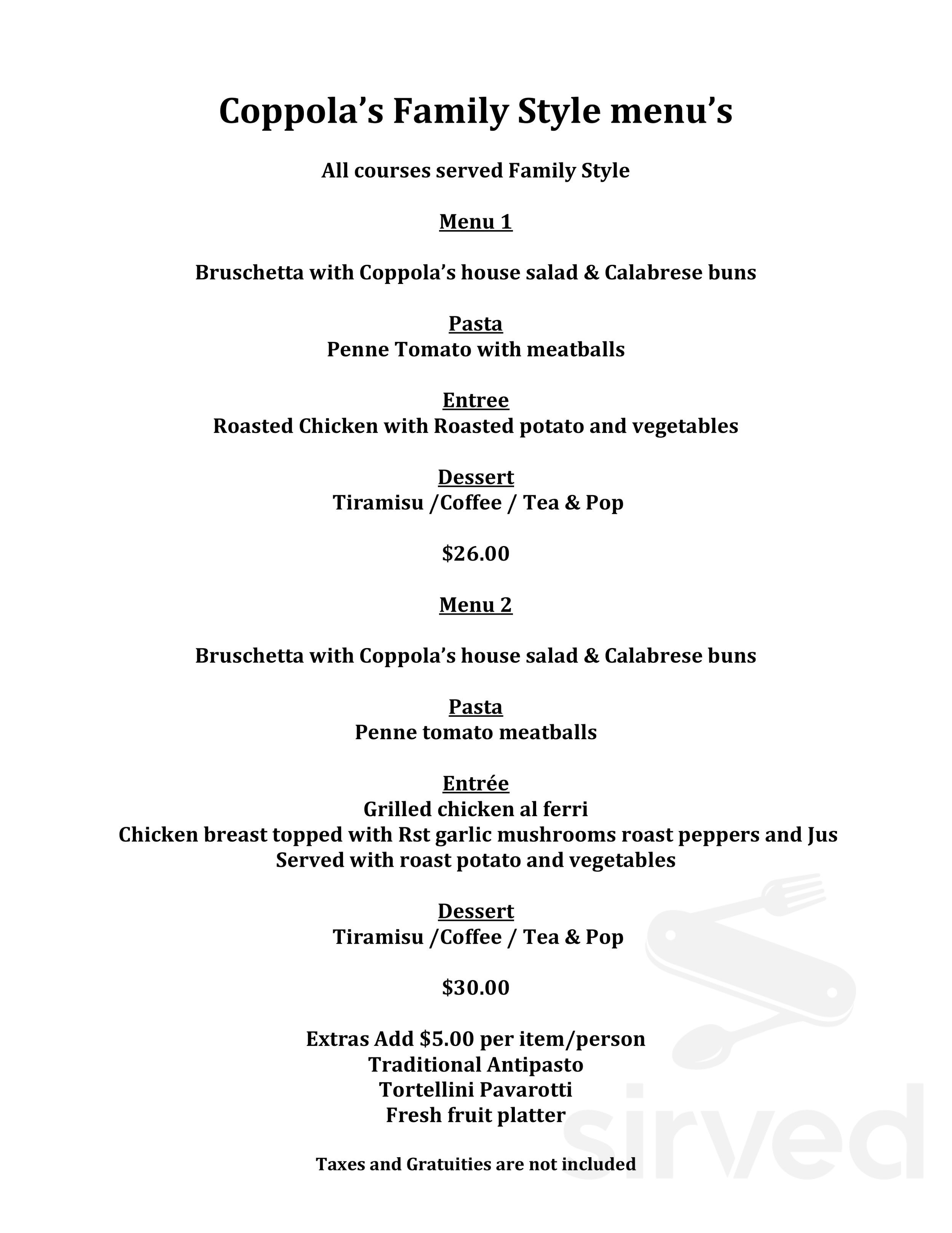 Coppola's Ristorante & Banquet Facility menu in St. Catharines, Ontario ...