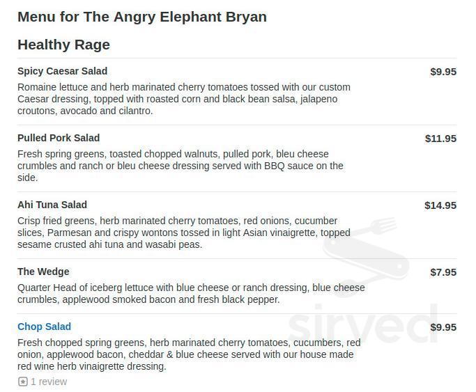The Angry Elephant - Bryan menu in Bryan, Texas, USA