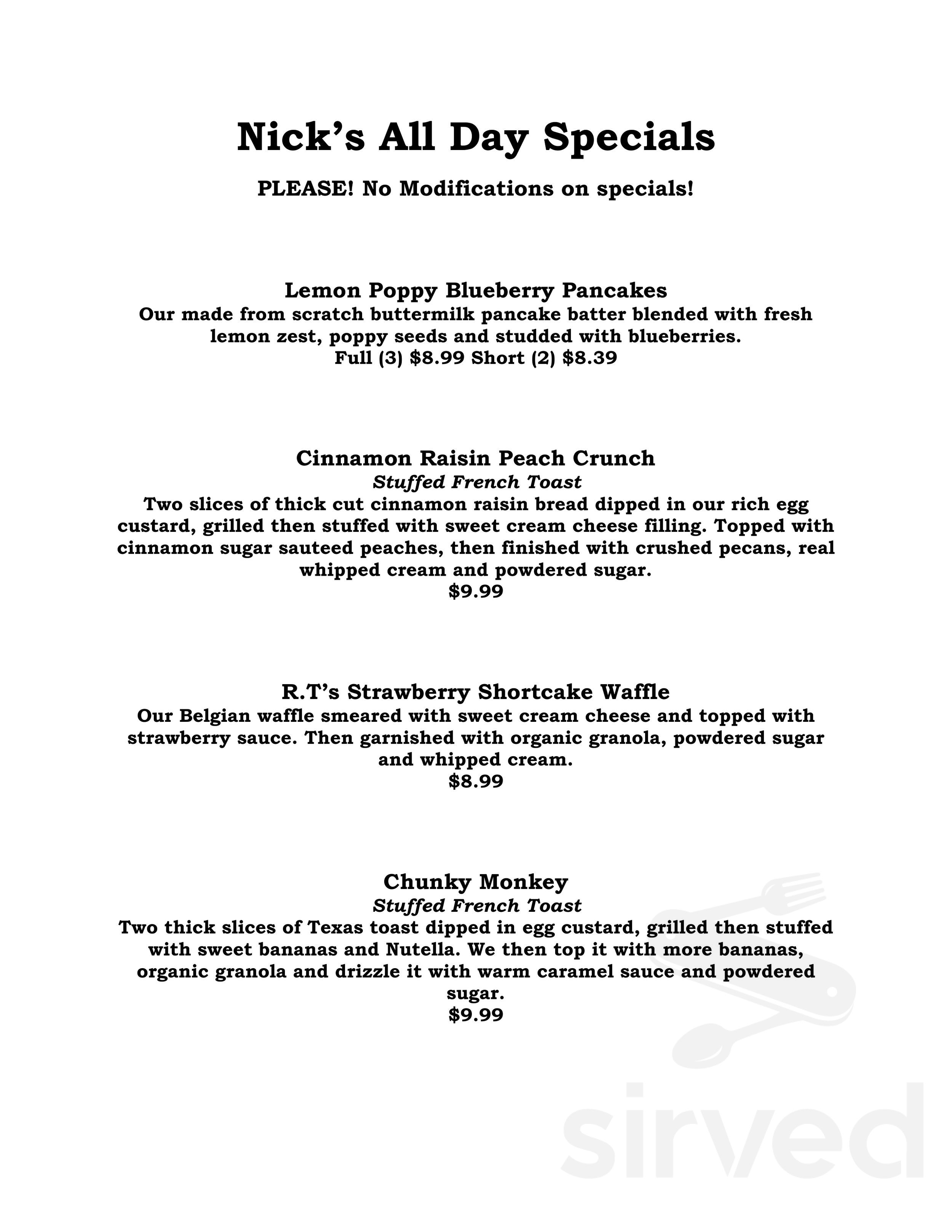 Nick's Original House Of Pancakes menu in Ann Arbor, Michigan, USA