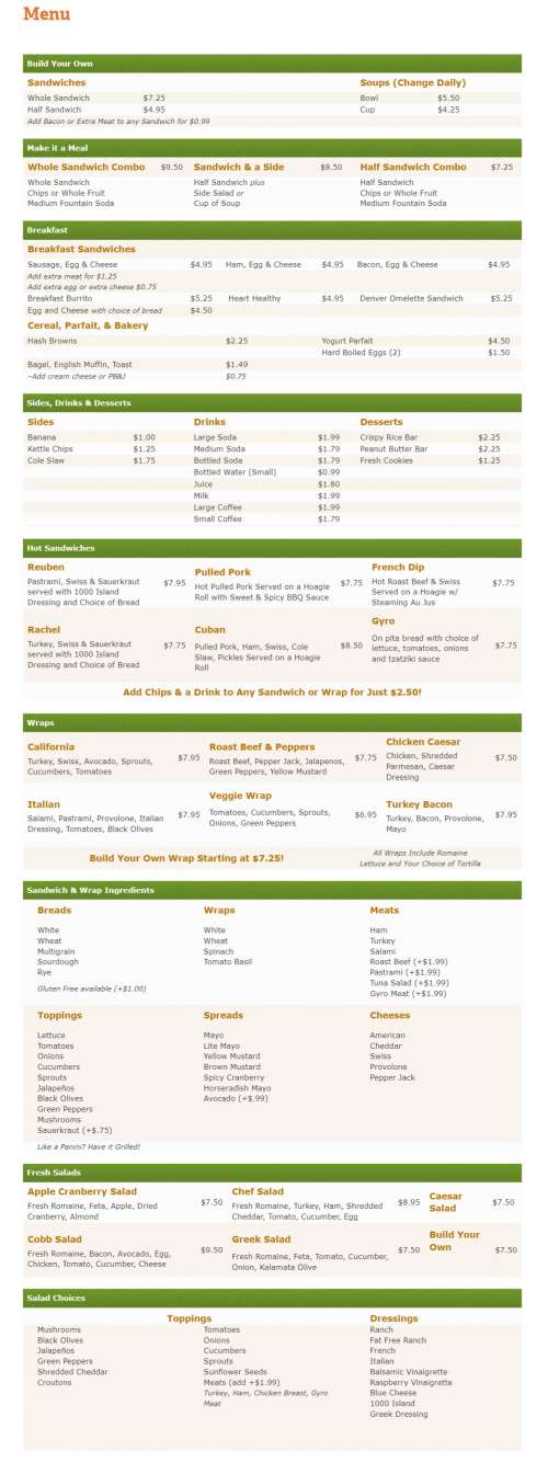 The Simple Sandwich menu in Minneapolis, Minnesota, USA