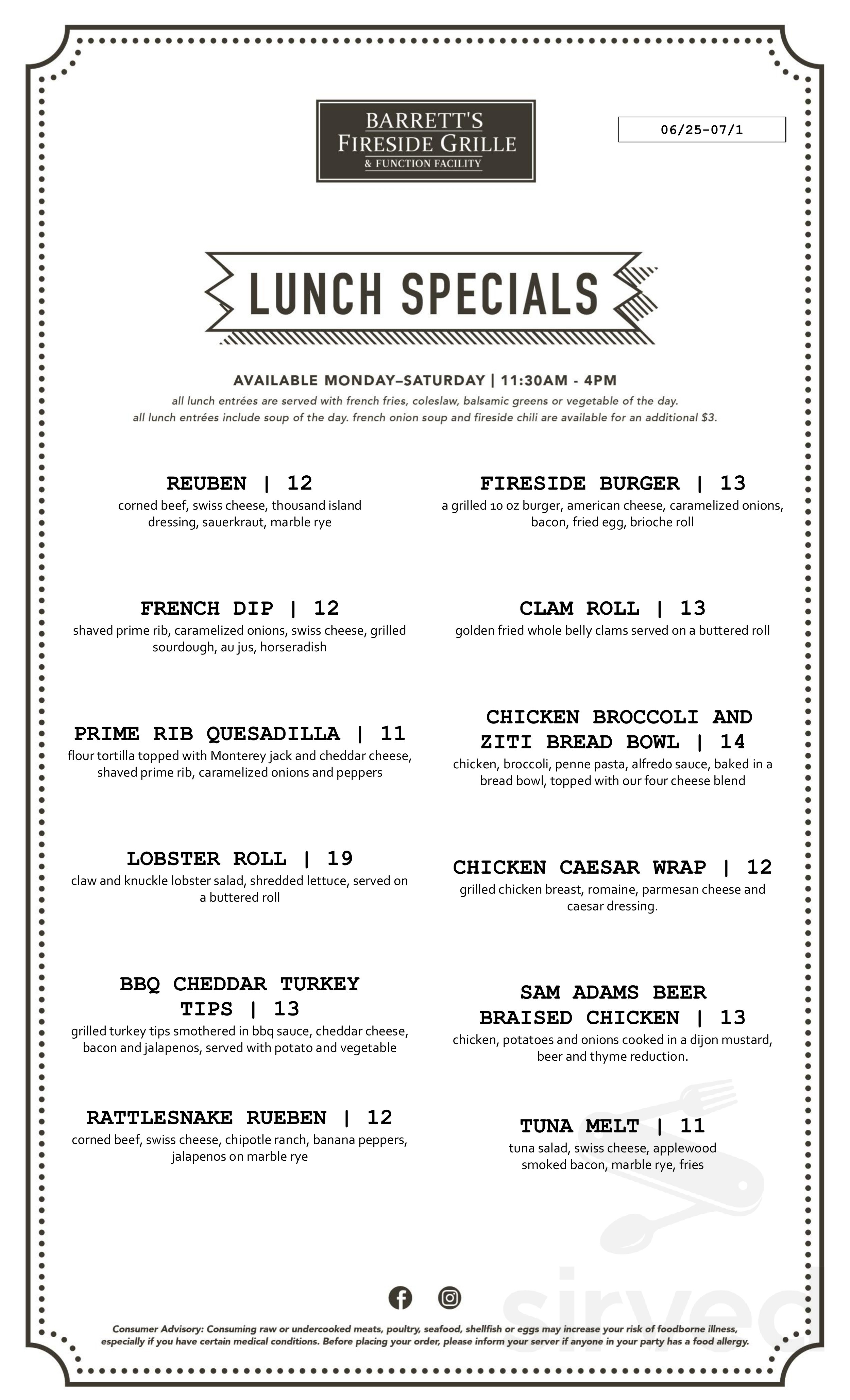 Fireside Grille menu in Middleborough, Massachusetts, USA