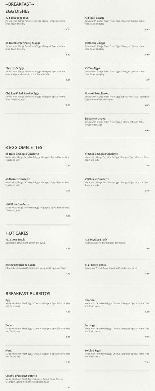 George's Burgers menu in San Bernardino, California, USA