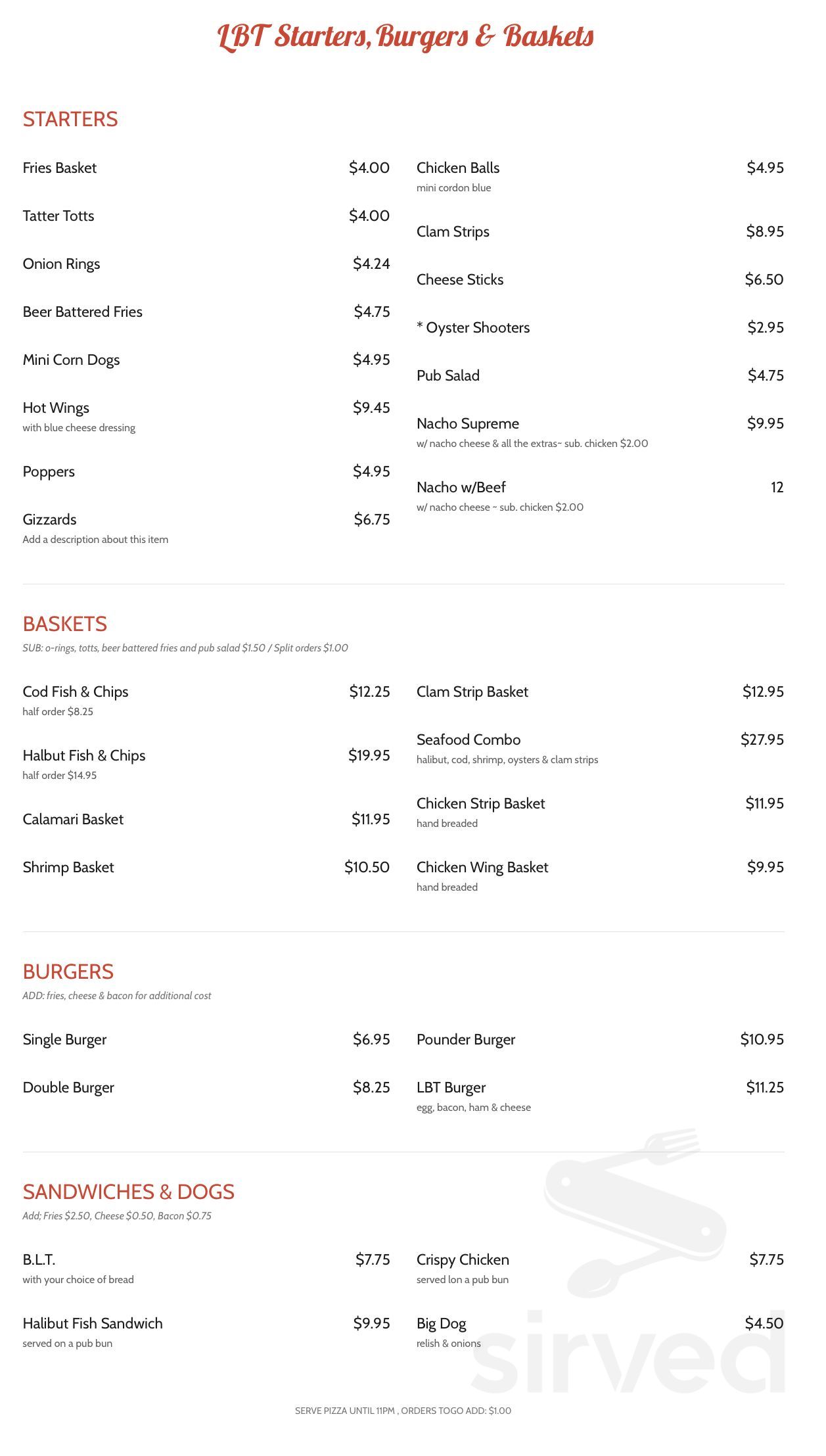 Menu - Long Beach WA's Long Beach Tavern | Sirved