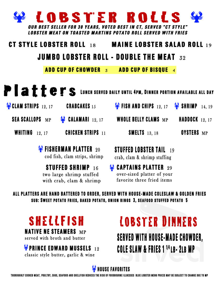 Blue Lobster menu in Berlin, Connecticut, USA
