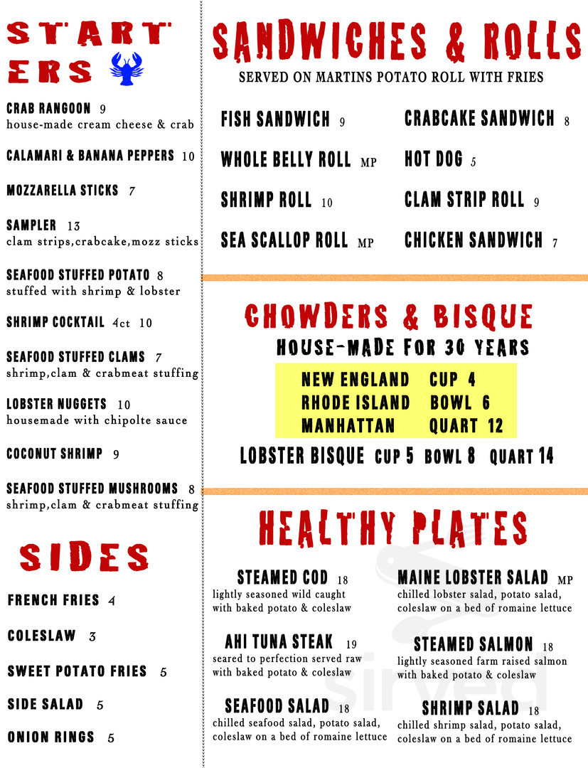 Blue Lobster menu in Berlin, Connecticut, USA