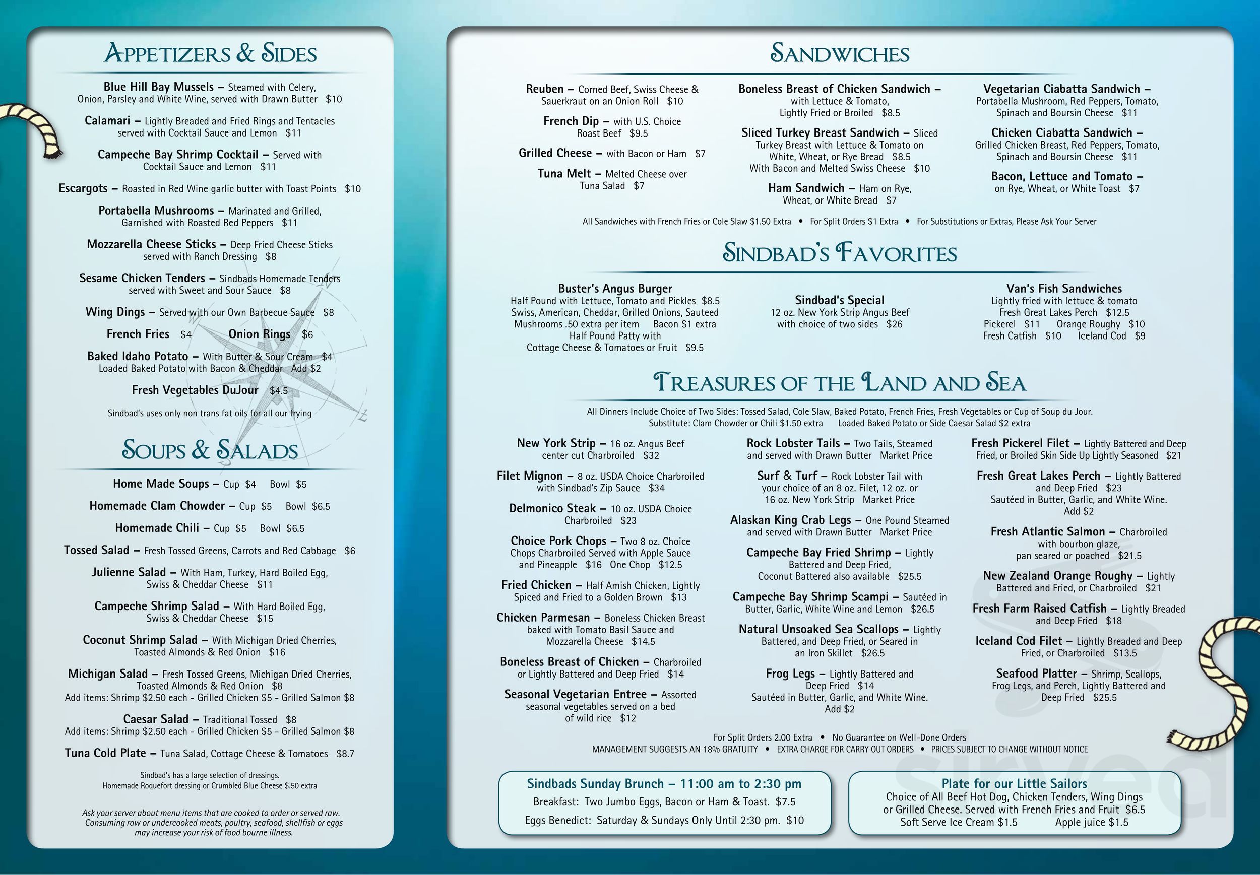 Menu for Sindbad's Restaurant and Marina in Detroit, MI | Sirved
