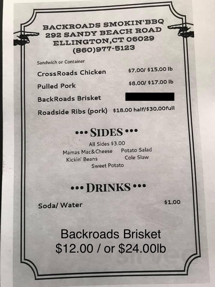 Backroads Smokin' Bbq menus in Ellington, Connecticut, United States