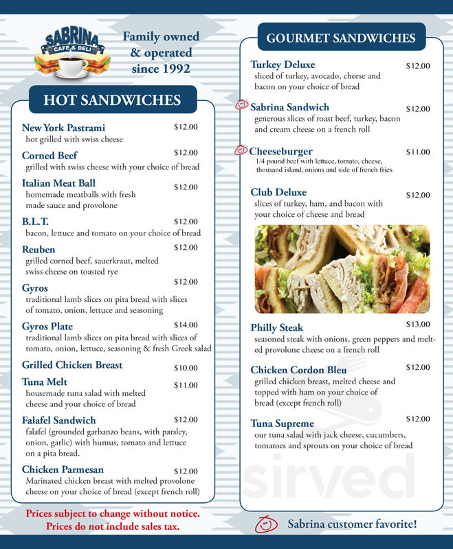 Sabrina Cafe & Deli menu in San Diego, California, USA