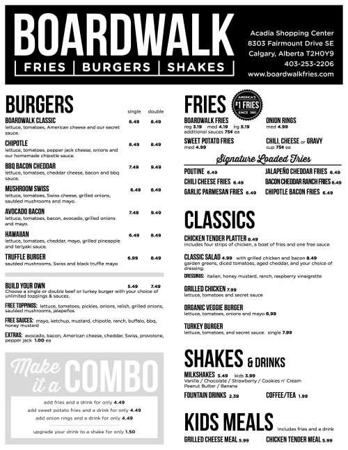 Boardwalk Burgers menu in Edmonton, Alberta, Canada