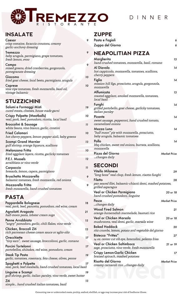 Menu for Tremezzo Ristorante in Wilmington, MA | Sirved