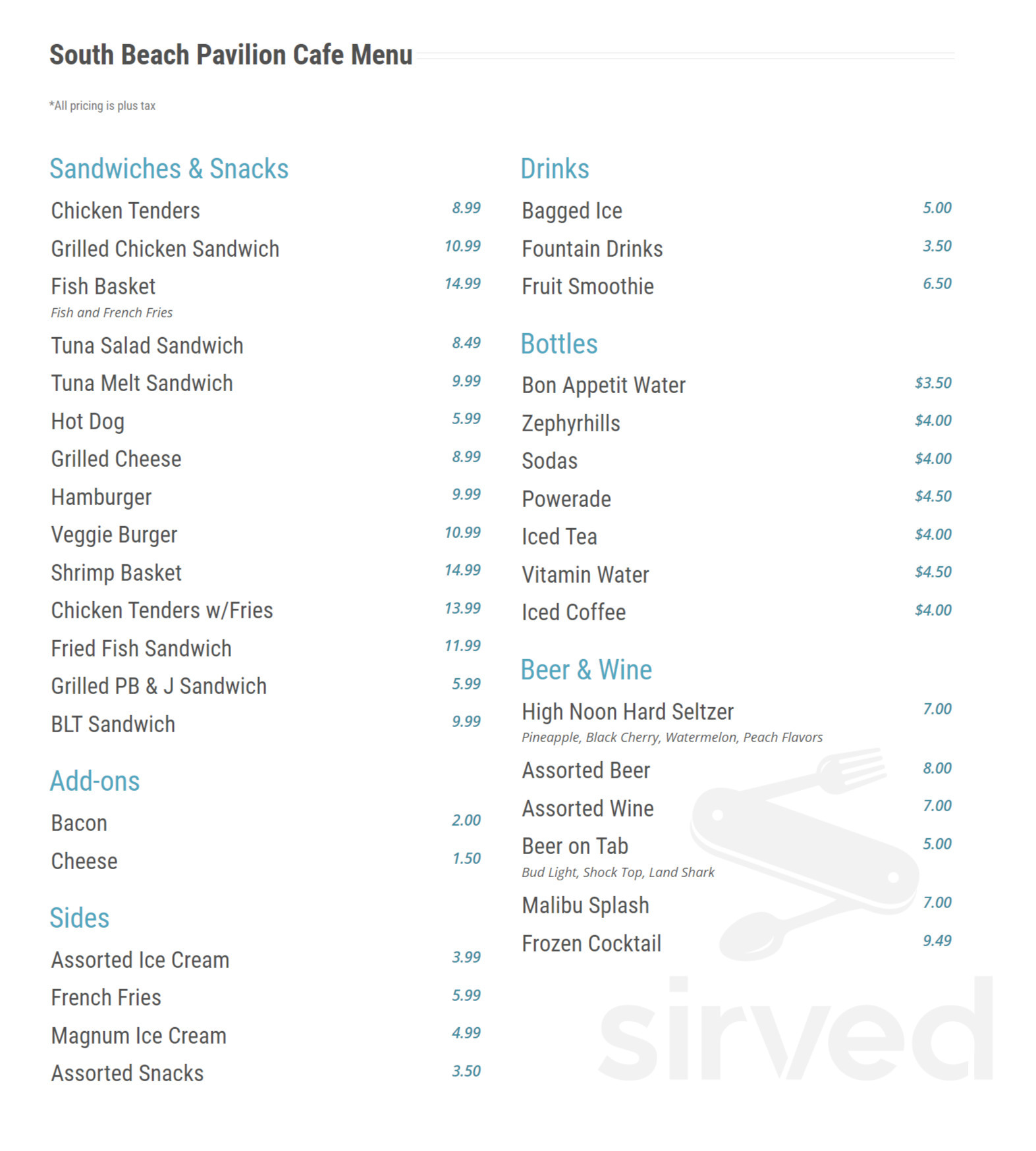 South Beach Pavilion Cafe menu in Dunedin, Florida, USA