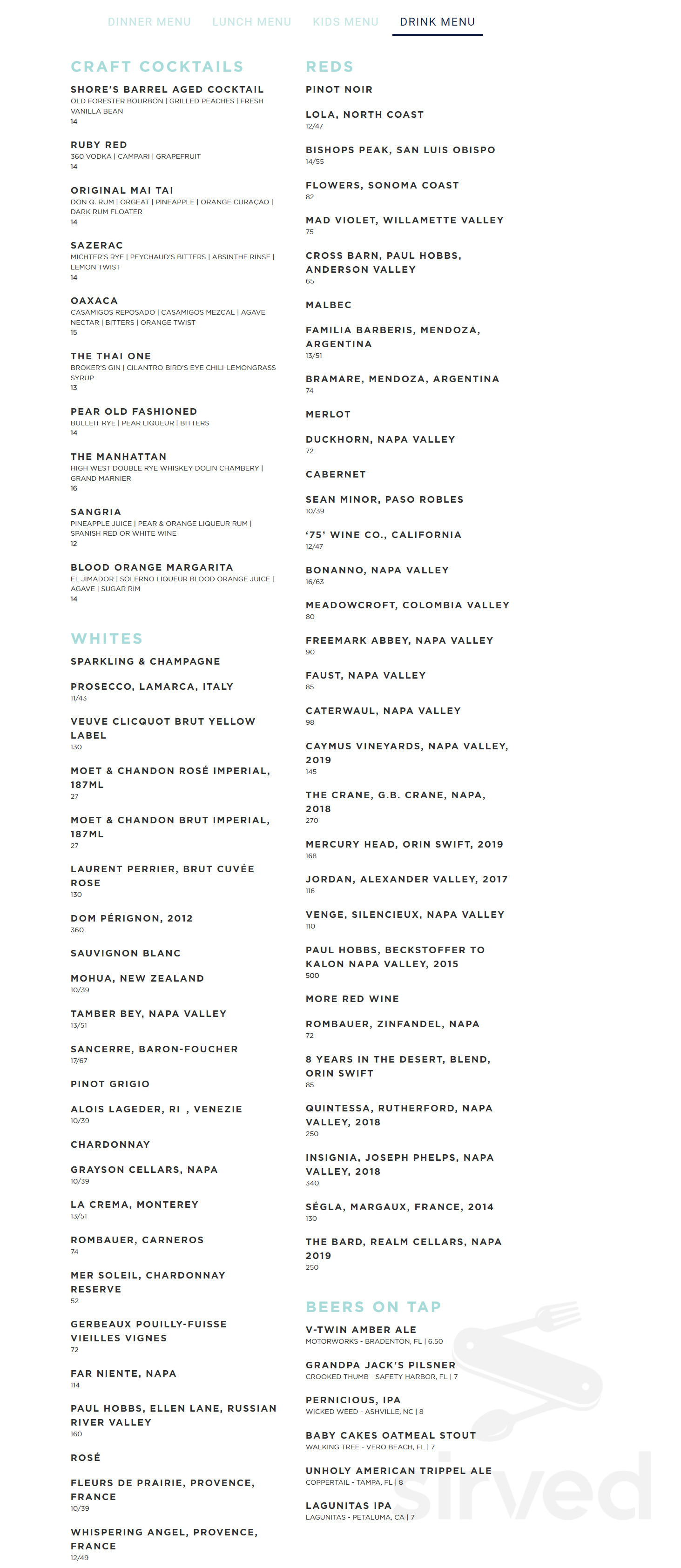Menu for Shore Longboat Key in Longboat Key, FL | Sirved