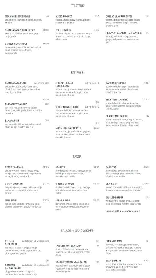 Tamarindo Del Mar menu in Del Mar, California, USA