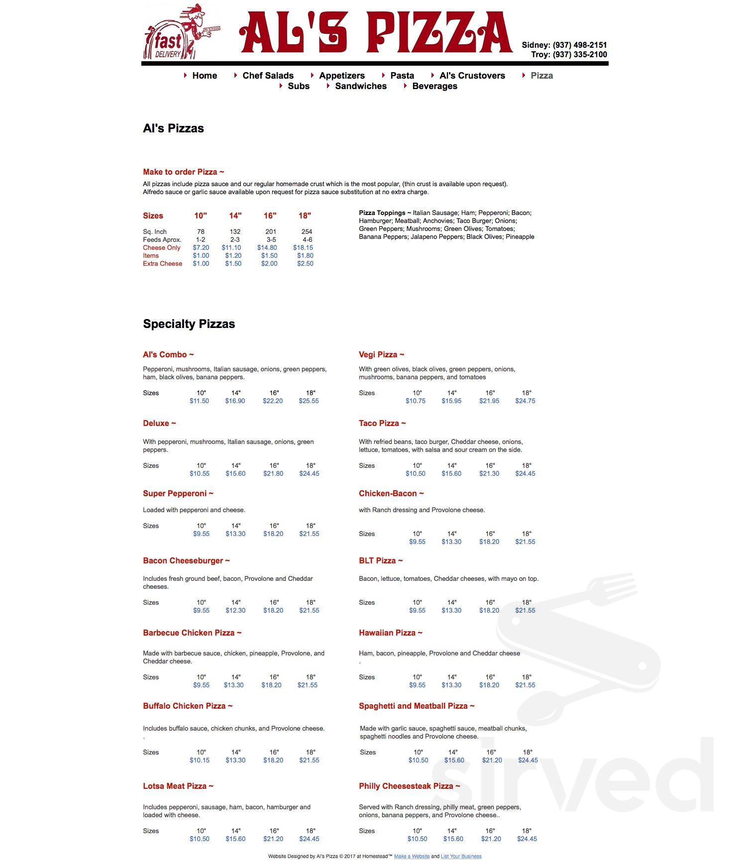 Al's Pizza menu in Sidney, Ohio, USA