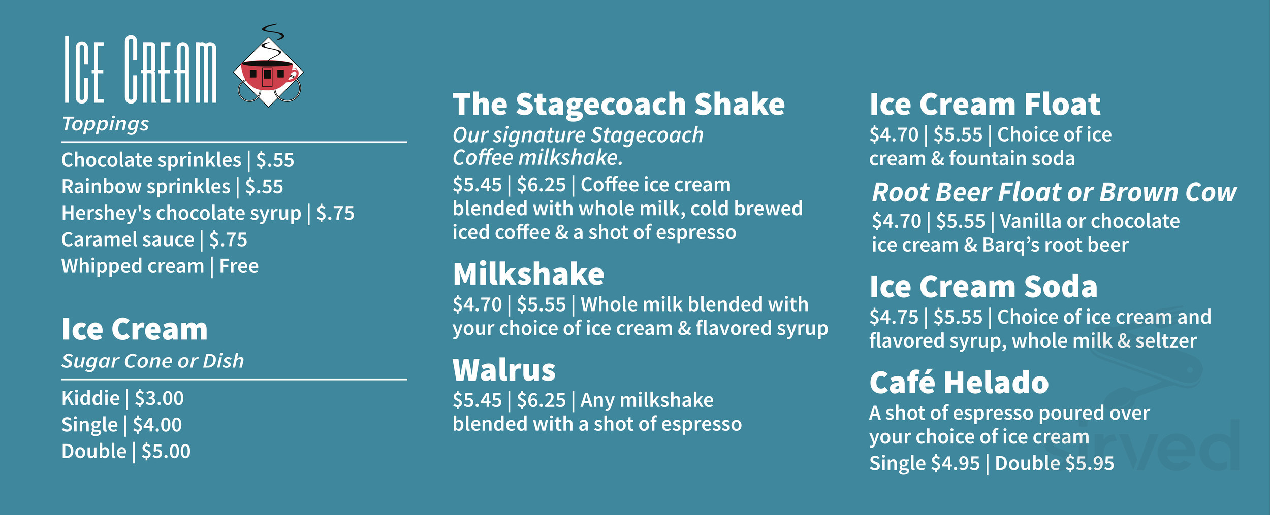 Stagecoach Coffee menu in Cooperstown, New York, USA
