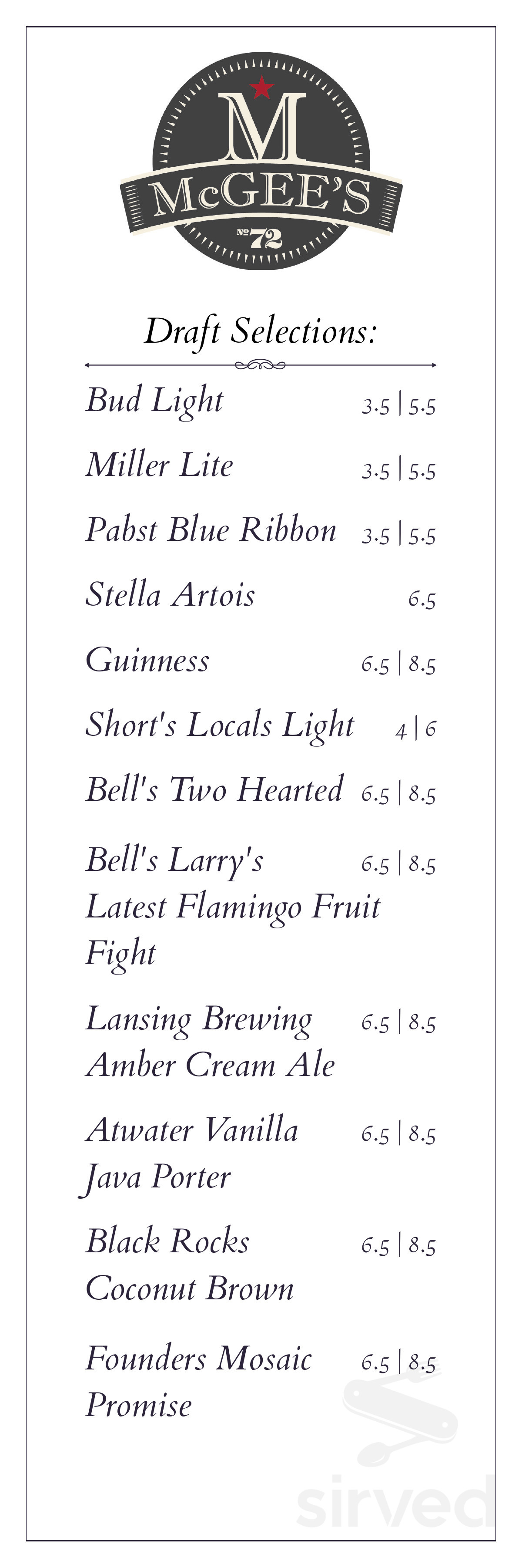 McGee's 72 menu in Williamsburg, Michigan, USA