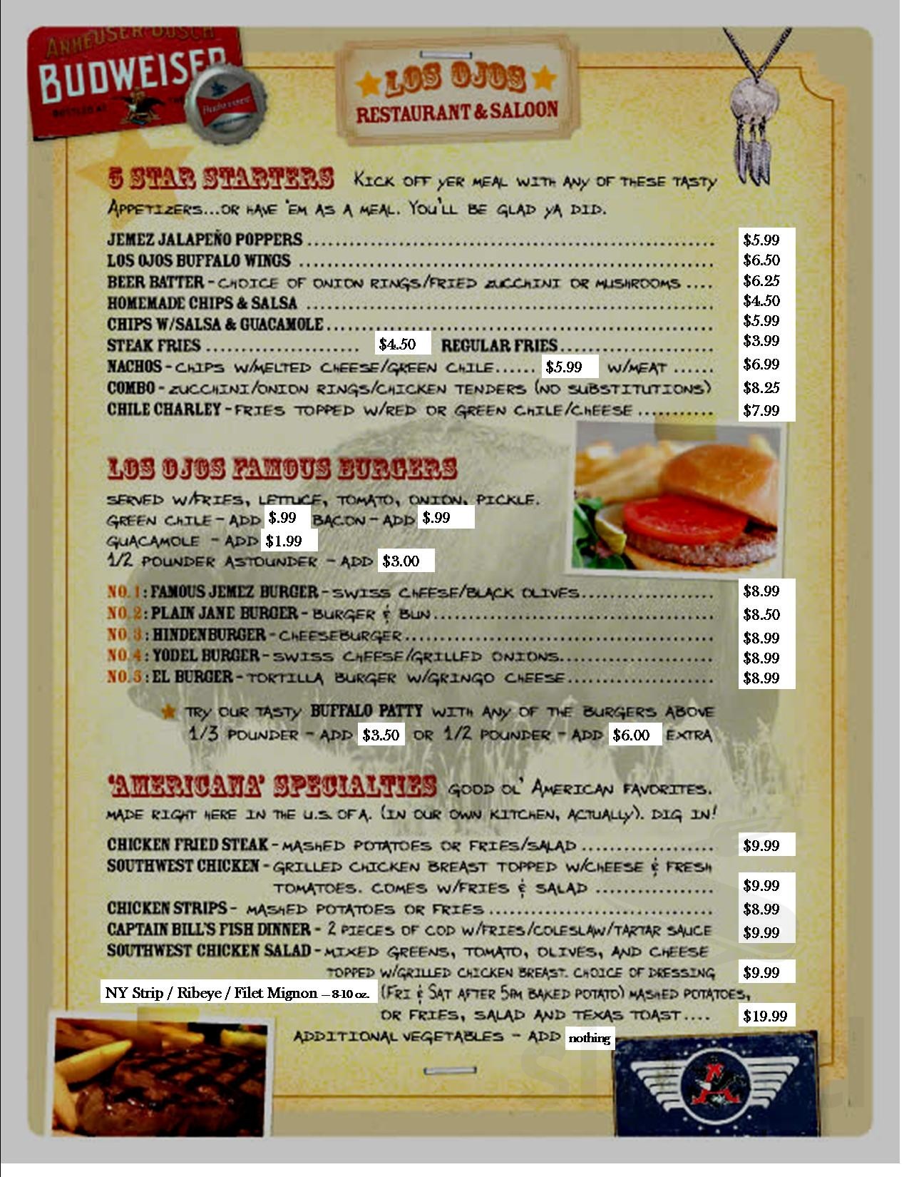 Los Ojos Restaurant & Saloon menu in Jemez Springs, New Mexico, USA