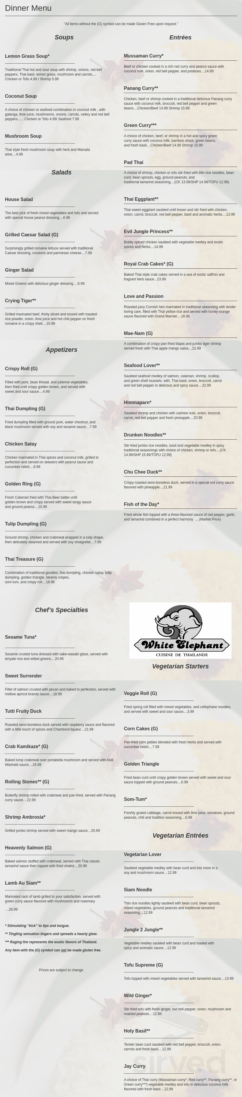 White Elephant Restaurant menu in Huntingdon Valley, Pennsylvania, USA