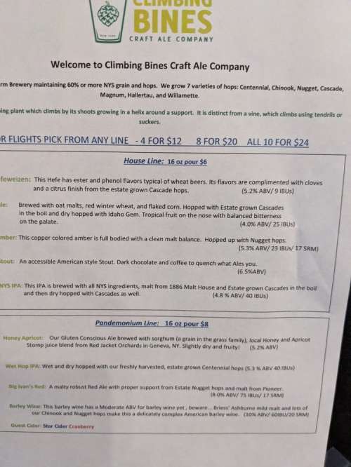 Climbing Bines Hop Farm & Brewery menu in Penn Yan, New York, USA