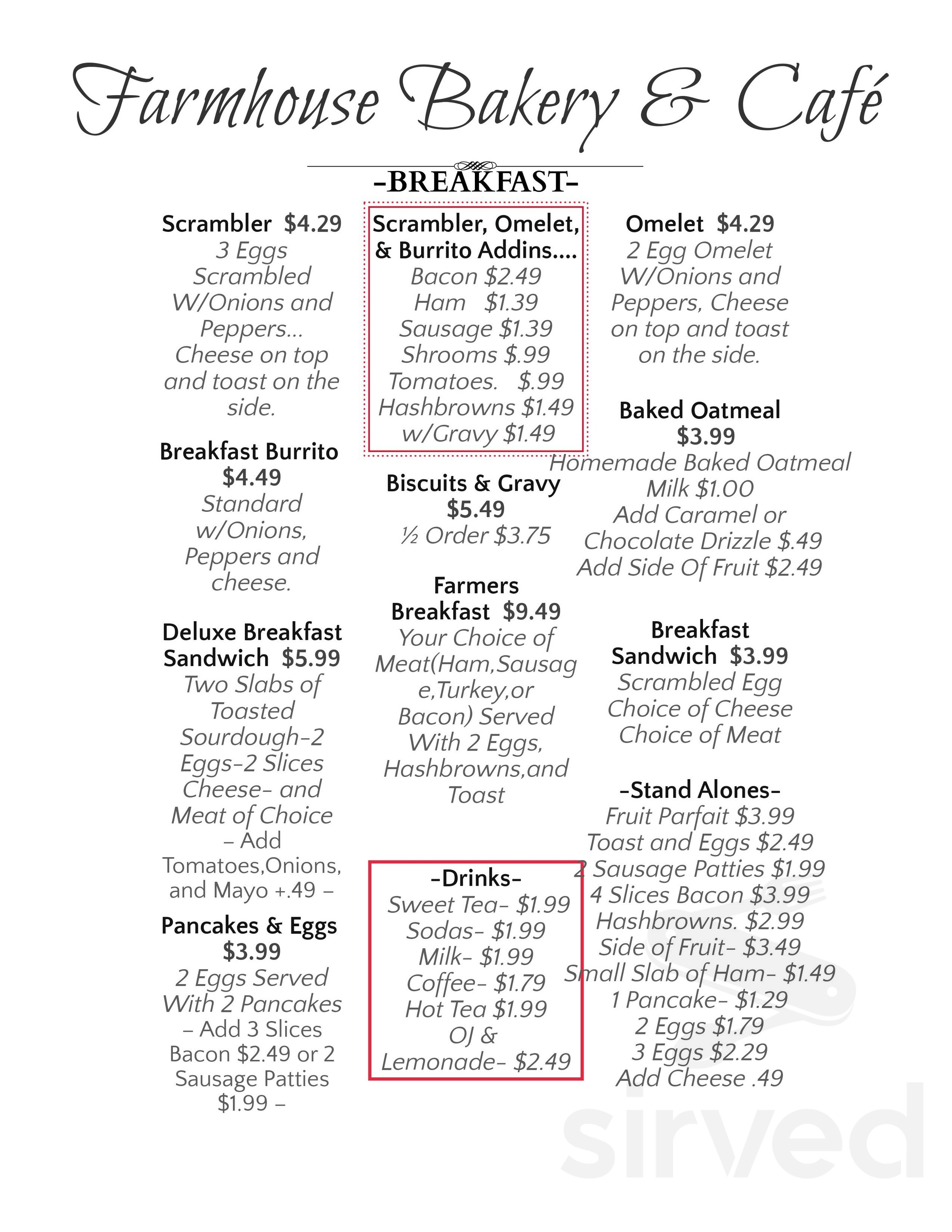 Menu - Mt Vernon IL's The Farmhouse Bakery | Sirved