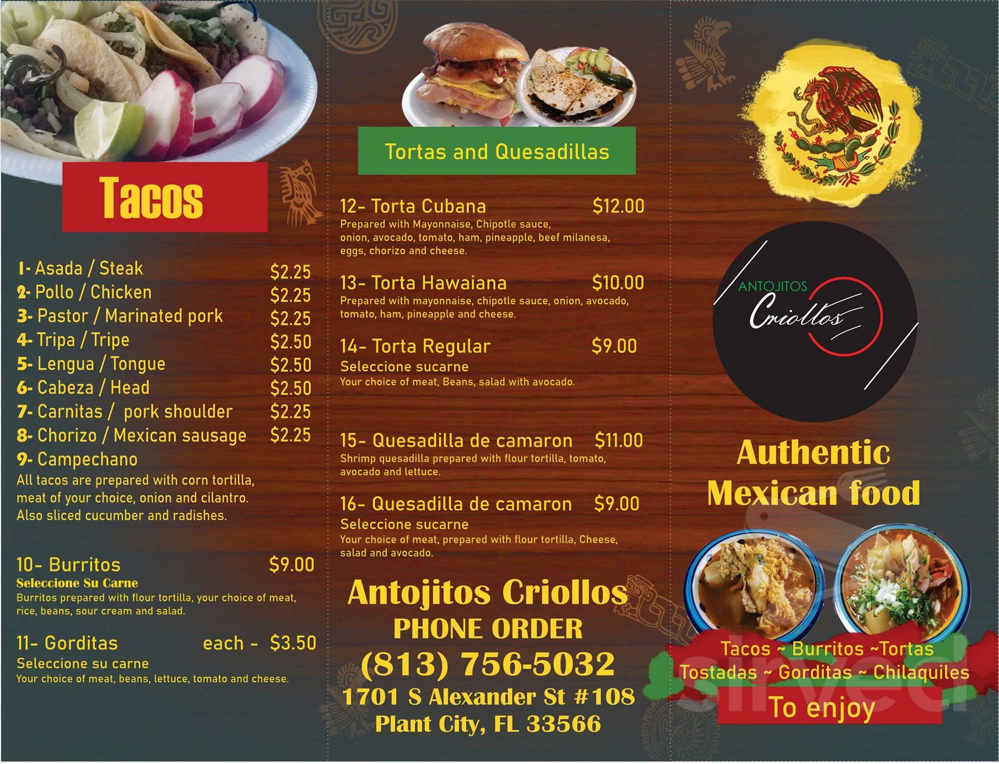 Antojitos Criollos menu in Plant City, Florida, USA