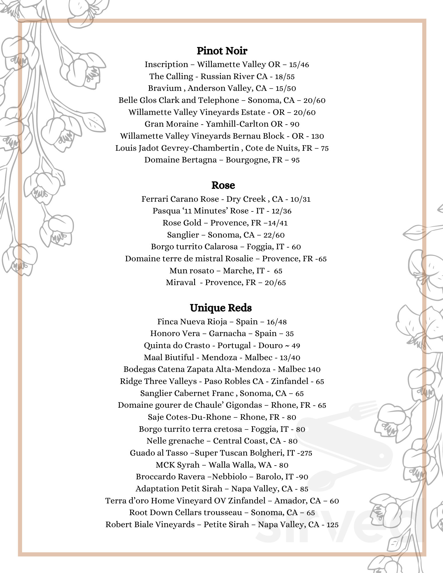 The Amber Room menu in Fort Worth, Texas, USA