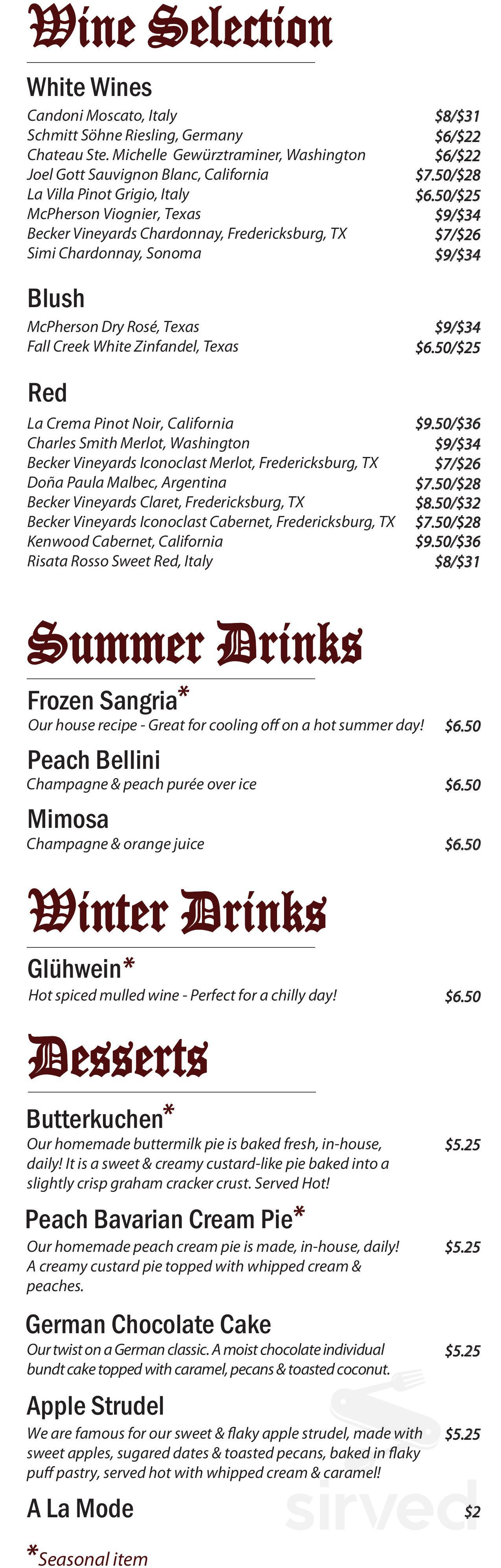 The Auslander menu in Fredericksburg, Texas, USA