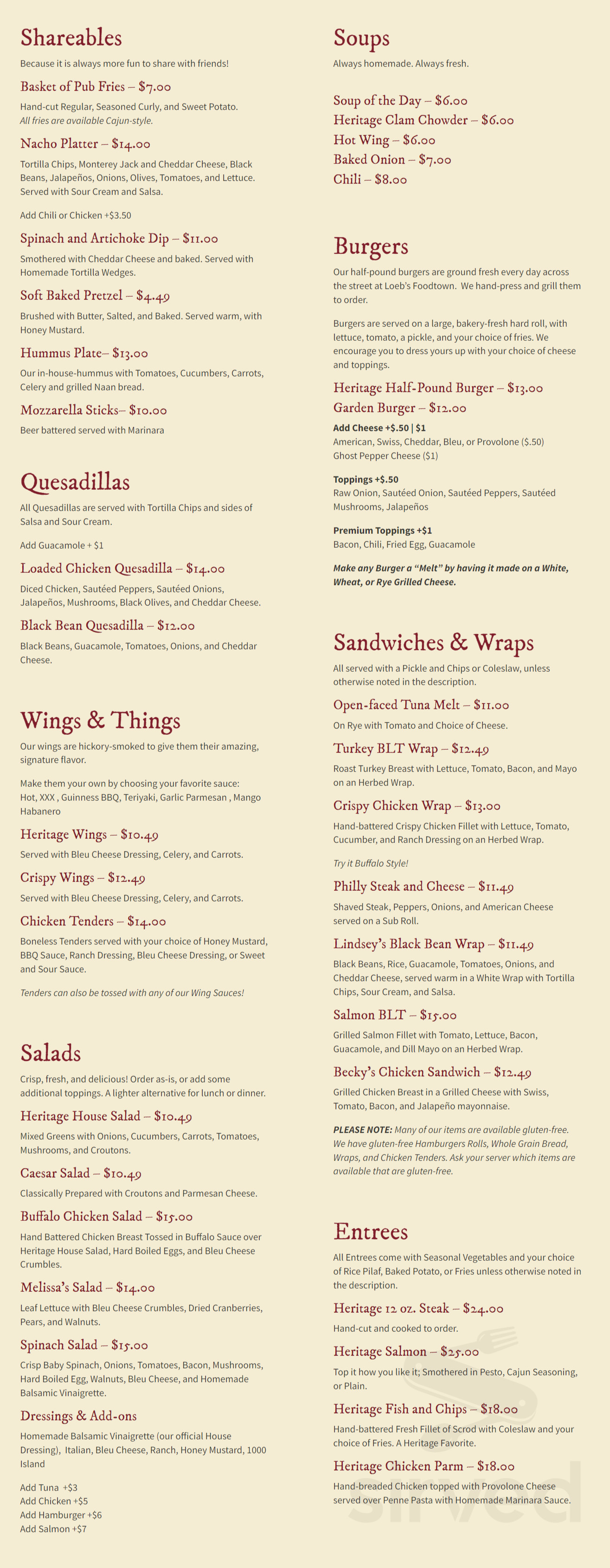 The Olde Heritage Tavern menus in Lenox, Massachusetts, United States