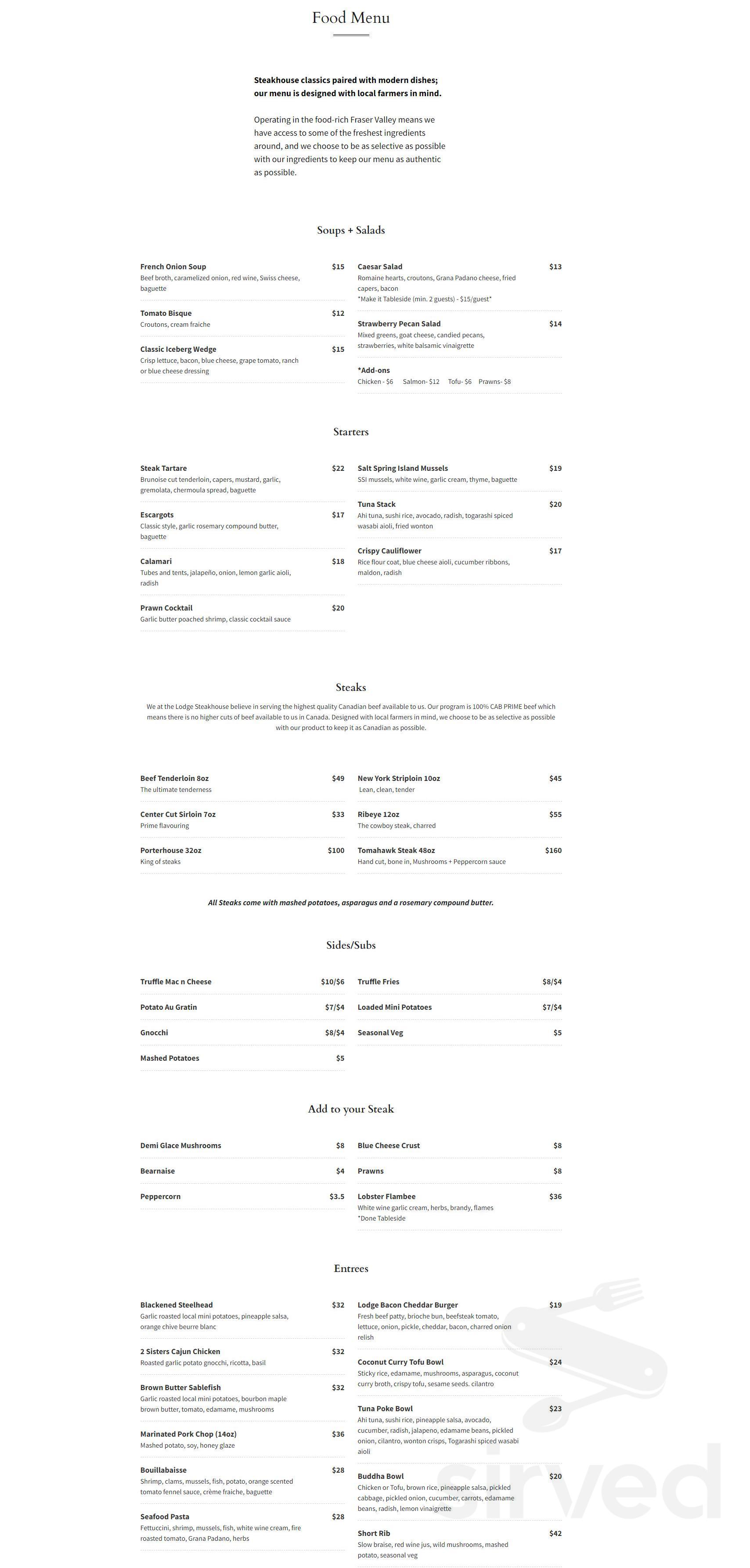 The Lodge steakhouse menus in Langley, British Columbia, Canada