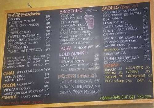 Coffeetopia menu in Santa Cruz, California, USA