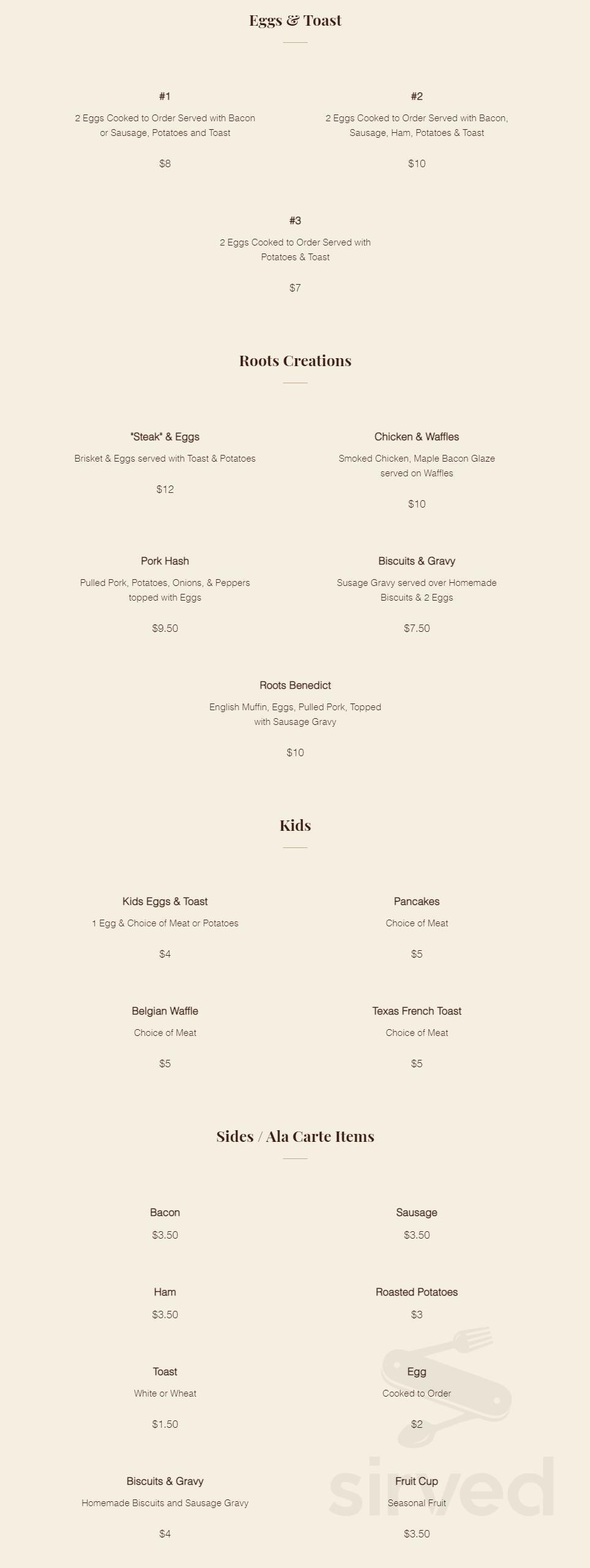 Roots menu in Almont, Michigan, USA