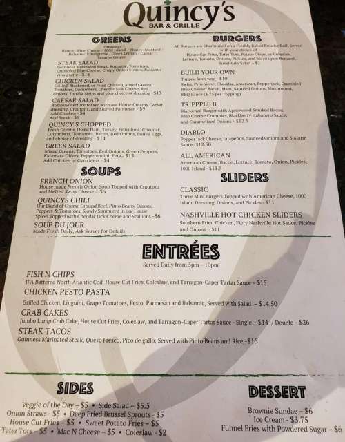 Quincy's Bar and Grille menu in Gaithersburg, Maryland, USA