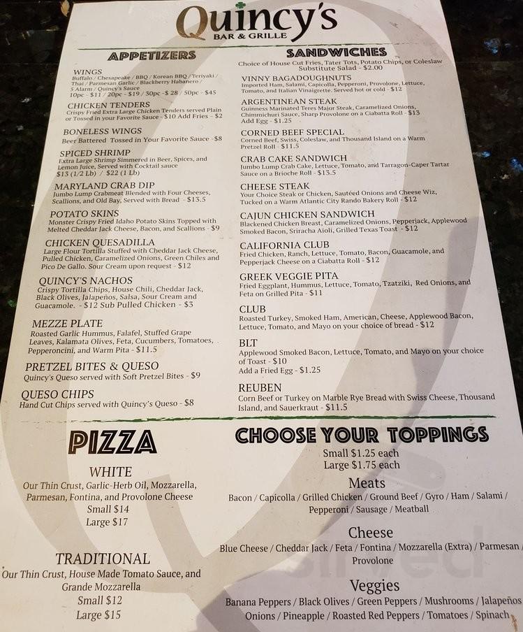 Quincy's Bar and Grille menu in Gaithersburg, Maryland, USA