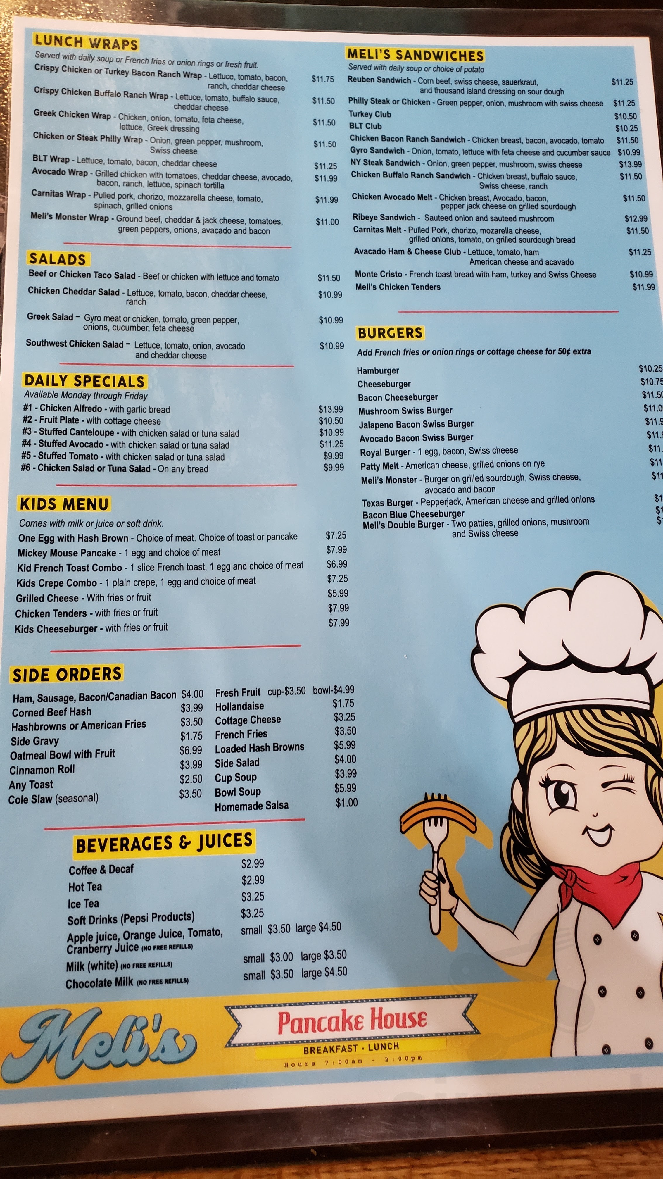 Meli's Pancake House menu in Moline, Illinois, USA