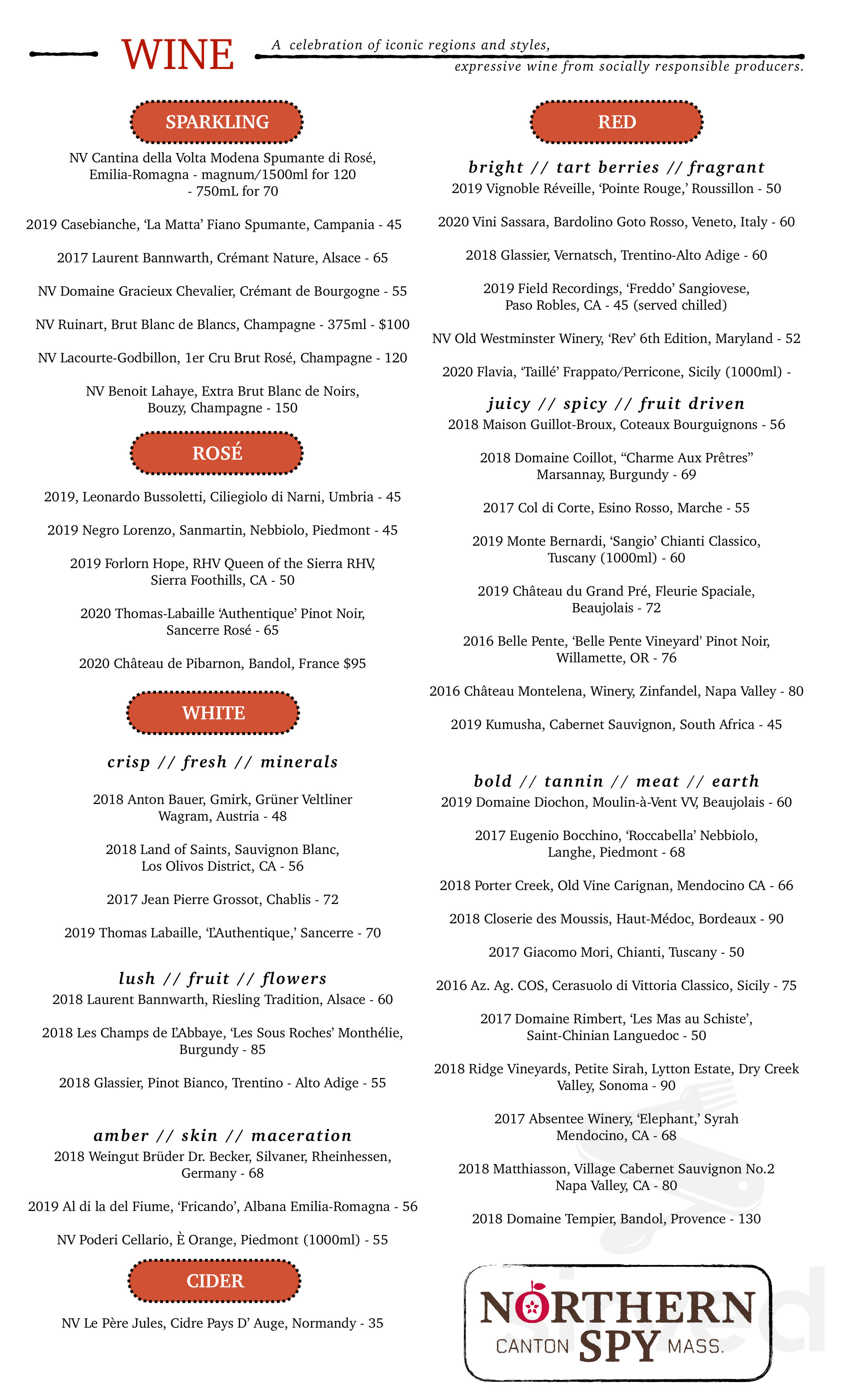Northern Spy menu in Canton, Massachusetts, USA