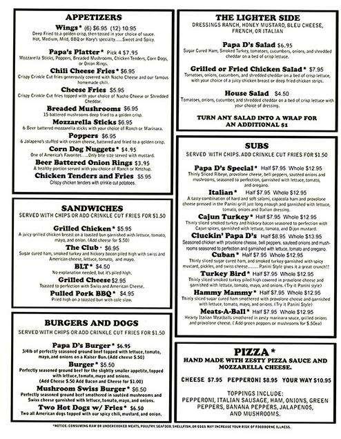 Papa D's menu in Roanoke, Virginia, USA