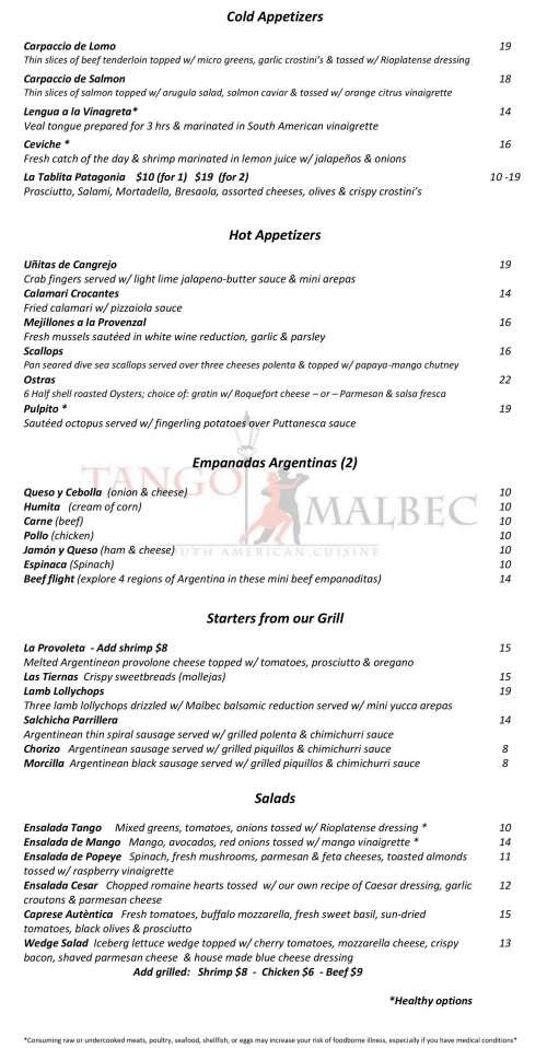 Tango & Malbec menu in Houston, Texas, USA
