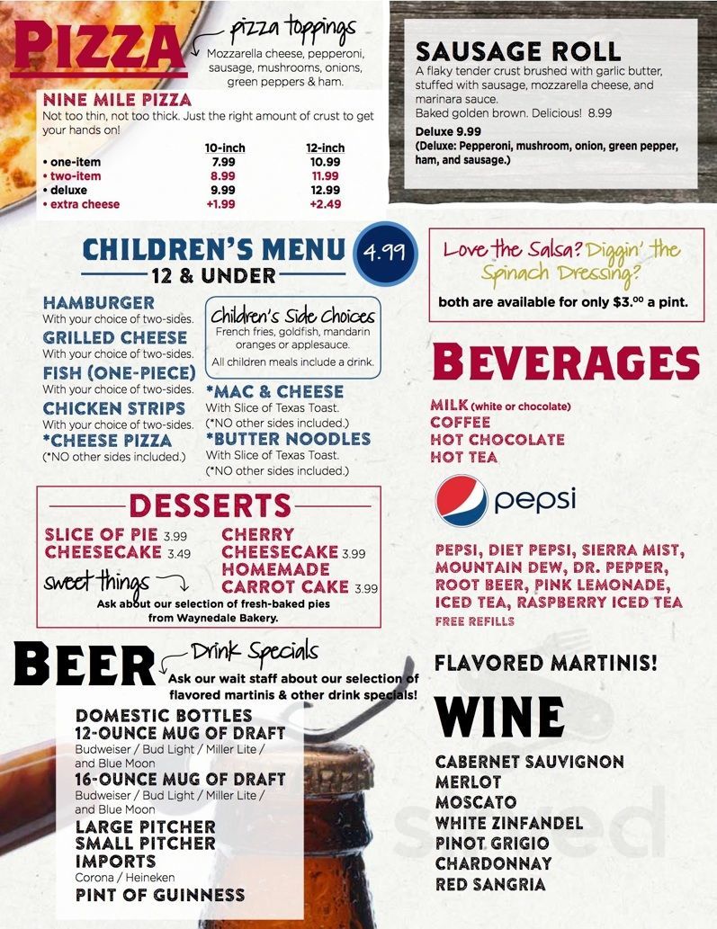 Menu for Nine Mile Restaurant in Fort Wayne, Indiana, United States