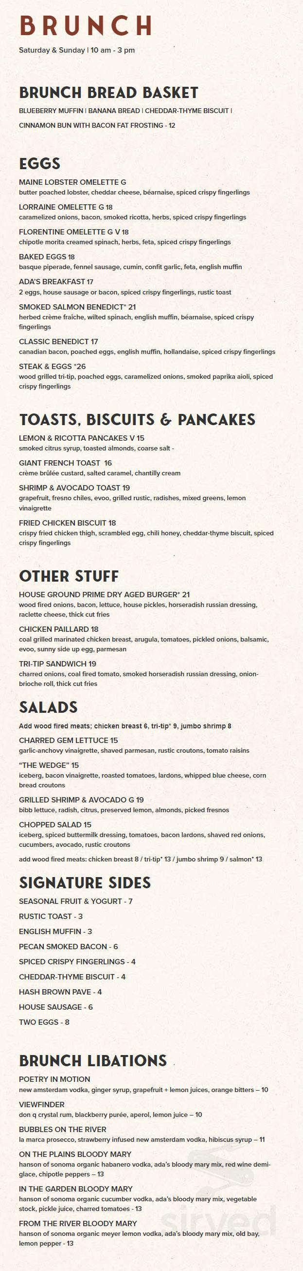 Ada's on the River menu in Alexandria, Virginia, USA