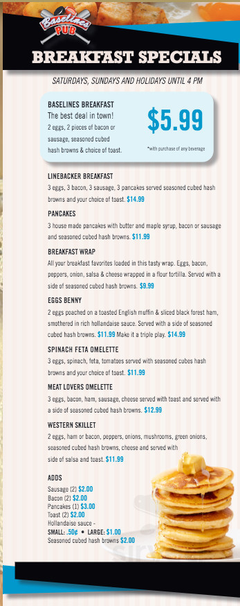 Baseline's Pub menu in Surrey, British Columbia, Canada