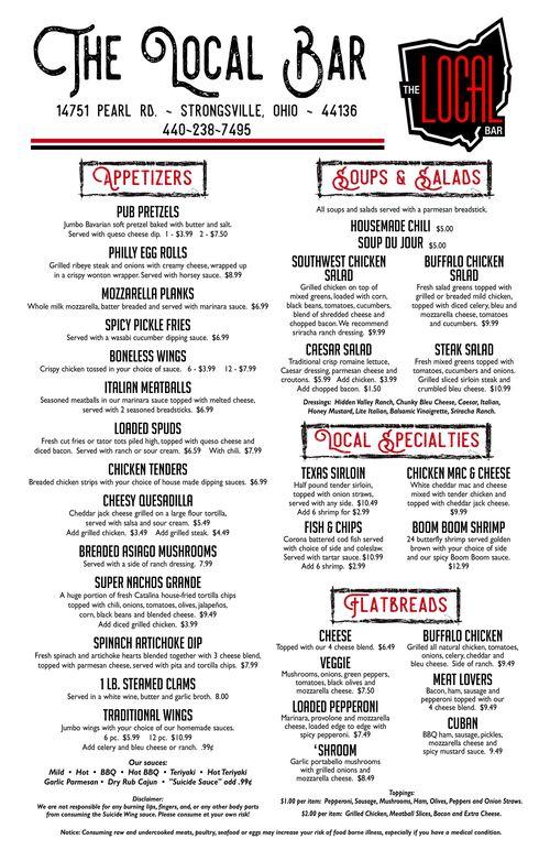 The Local Bar menu in Strongsville, Ohio, USA