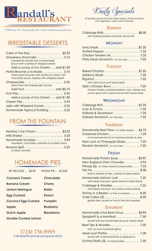Randall's Restaurant menu in Perryopolis, Pennsylvania, USA