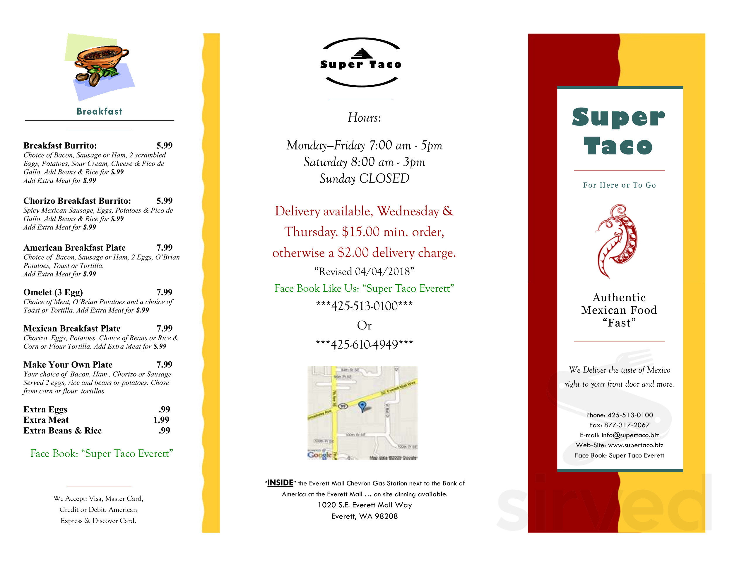Super Taco menu in Everett, Washington, USA