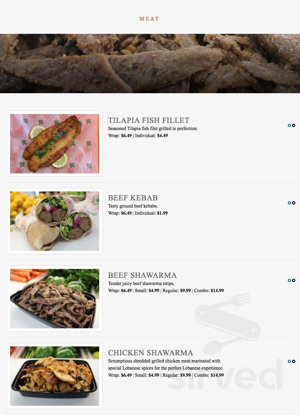 Ghazale Restaurant menus in Toronto, Ontario, Canada